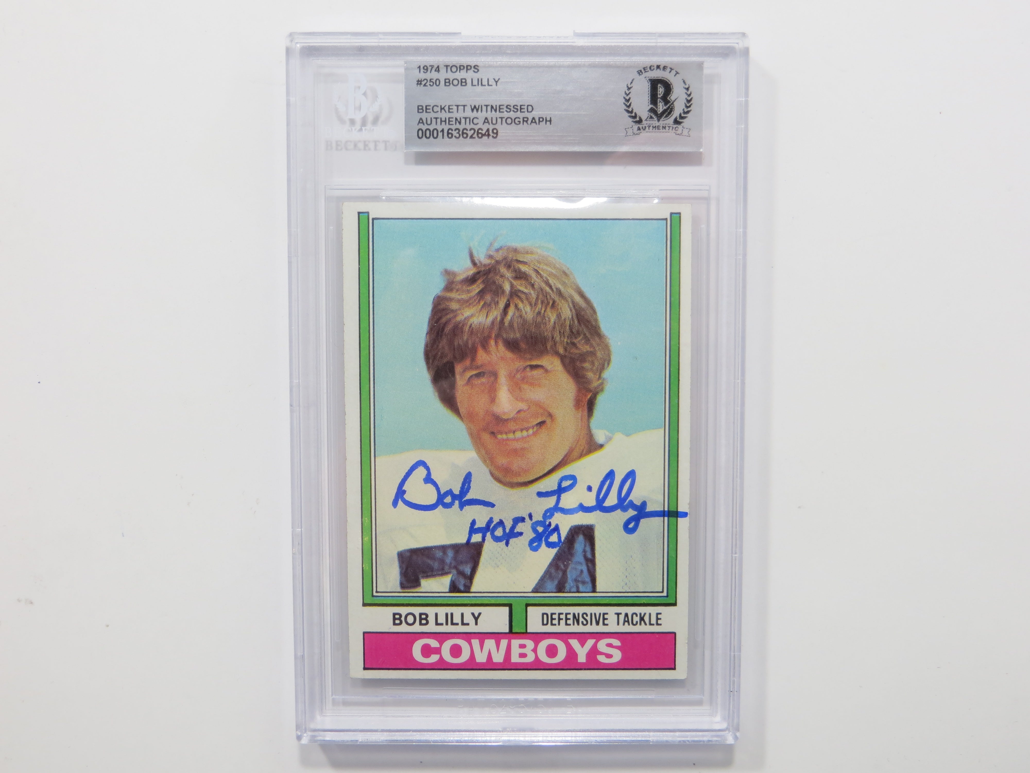 BOB LILLY SIGNED 1974 Topps #250 BGS BAS SLAB w/HOF 80 DALLAS COWBOYS ...