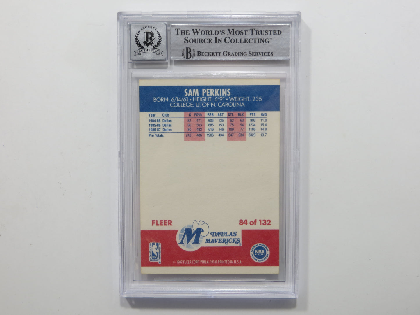 SAM PERKINS SIGNED BGS BAS SLAB 1987 FLEER #84 DALLAS MAVERICKS Auto 1 ...