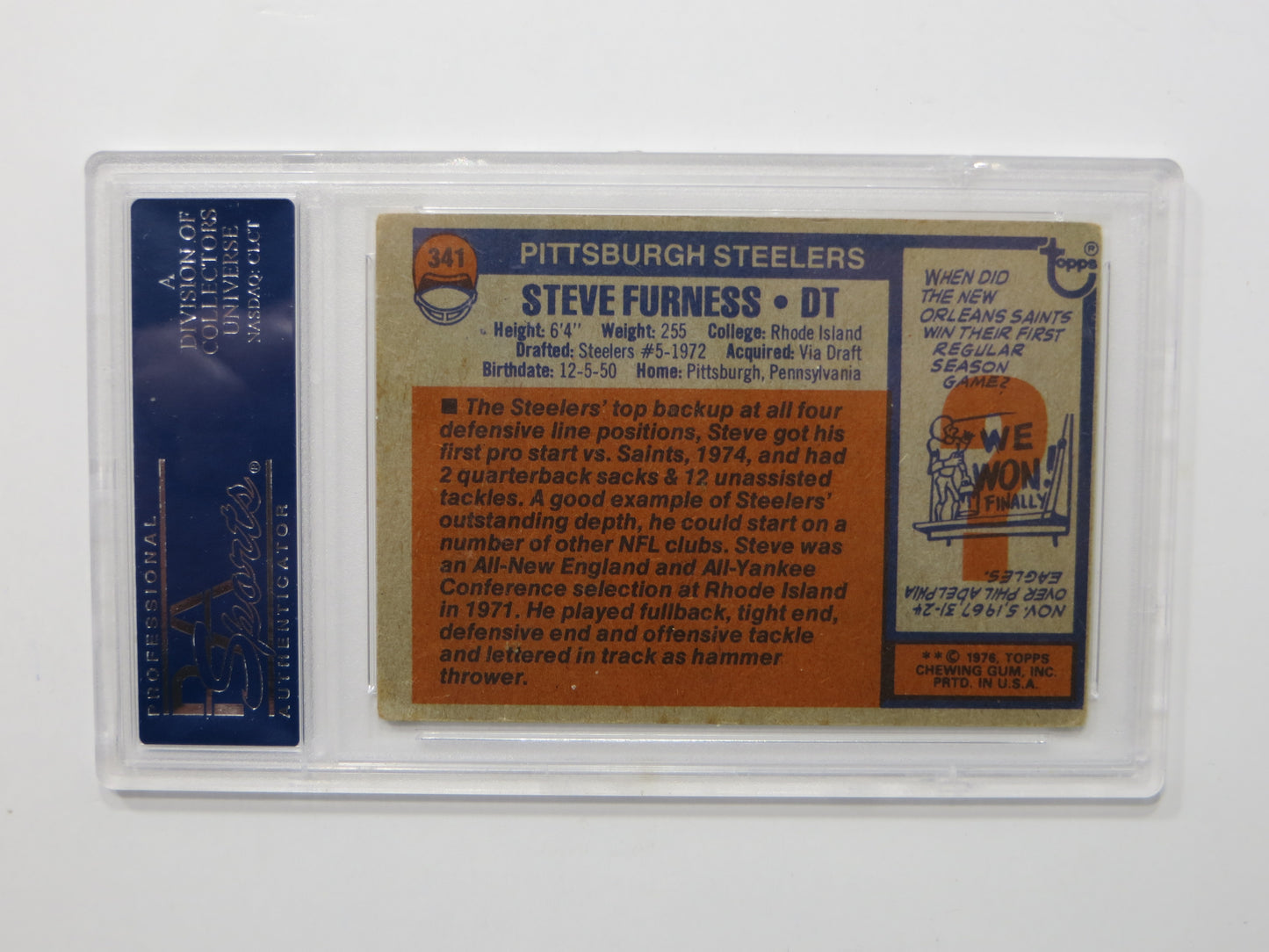 STEVE FURNESS SIGNED 1976 Topps #341 PSA DNA Slab PITTSBURGH STEELERS ...